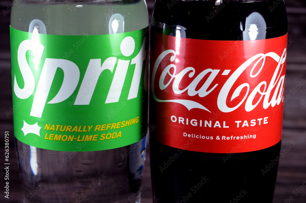 Cairo, Egypt, July 18 2023: lemon-lime soda Sprite and coca cola drink ...