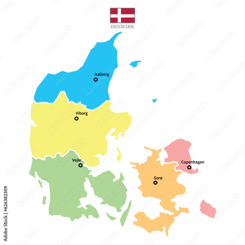 Denmark maps background with regions, region names and cities in color ...