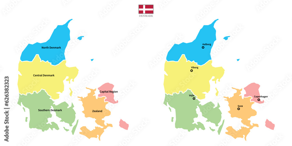 Two Denmark maps background with regions, region names and cities in ...