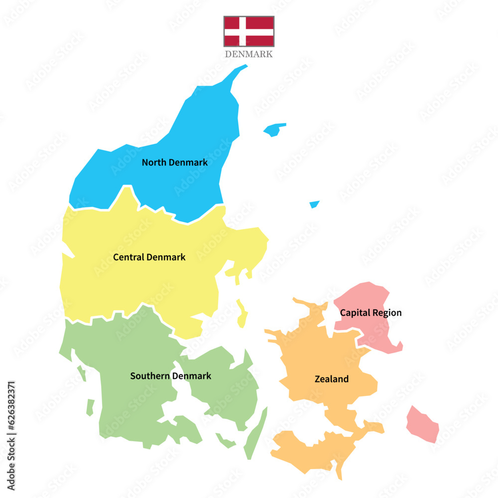 Denmark maps background with regions, region names and cities in color ...