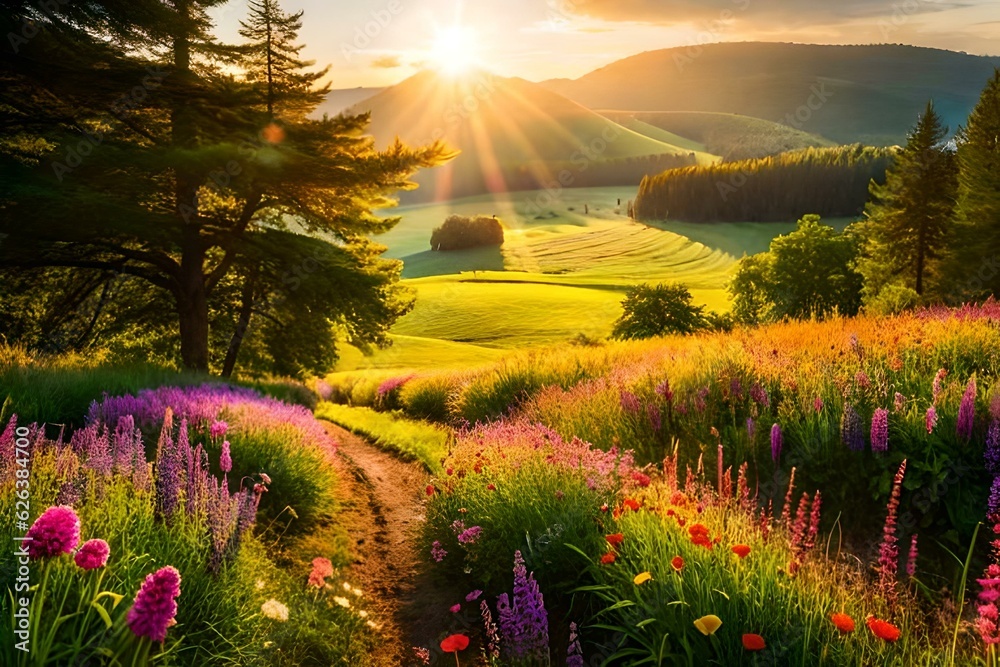 Colorful flower meadow with sunbeams and bokeh lights in summer - nature background banner with ...