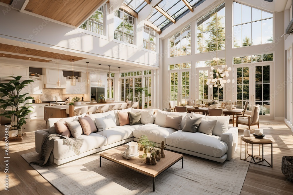 Scandinavian living room interior in new modern home with open concept ...