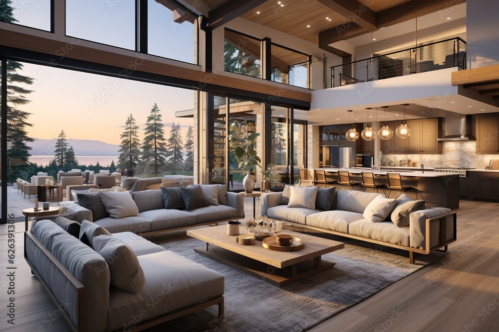 A Beautiful living room interior in new luxury home with open concept ...