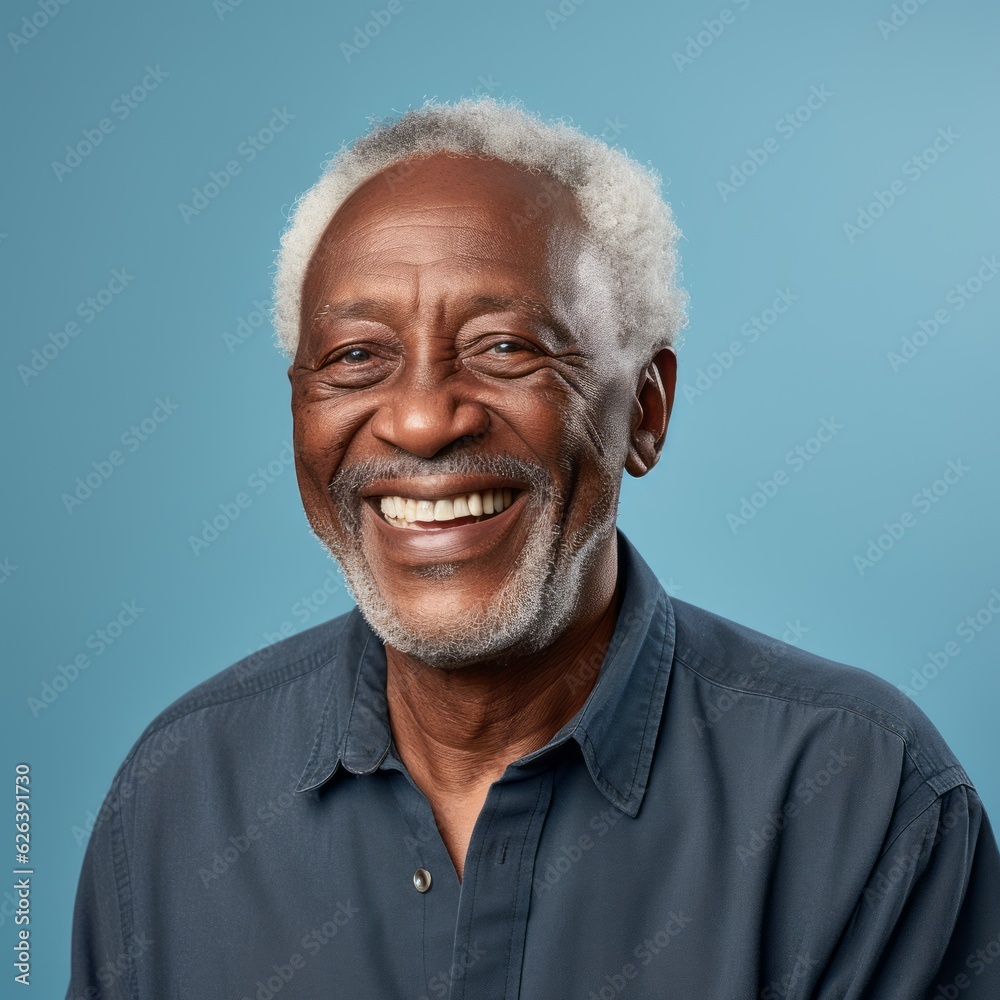 Portrait of a smiling elderly African man with gray hair. Closeup face ...