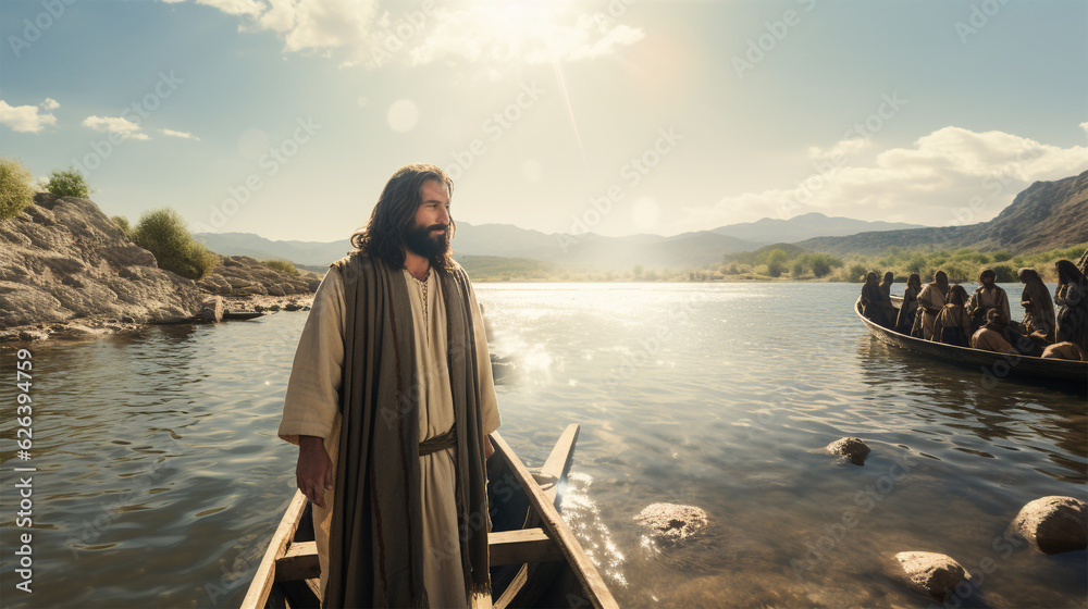 Jesus Christ is preaching in a boat. Christian religious background ...