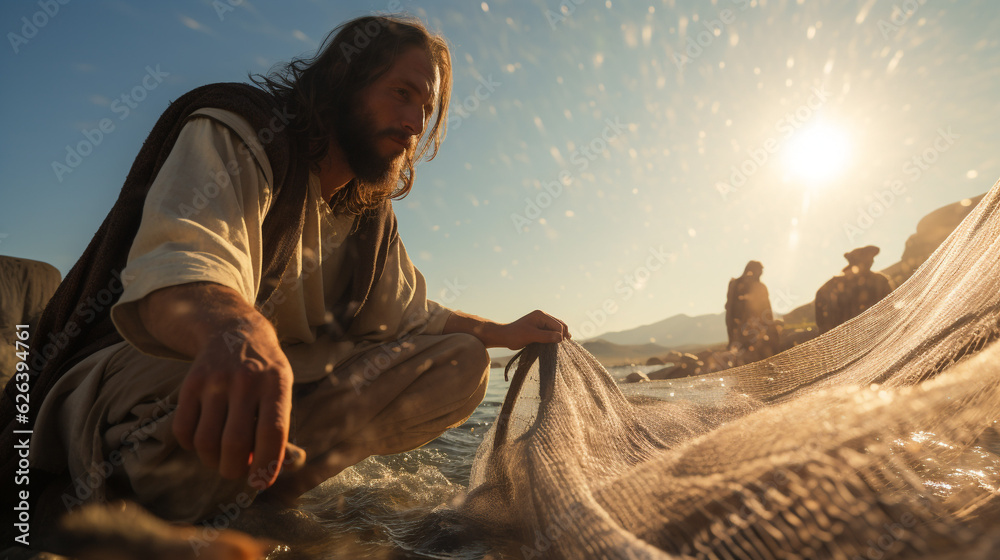 Jesus Christ is fishing with fishermen. Christian religious background ...