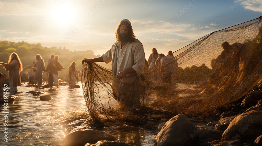 Foto de Jesus Christ is fishing with fishermen. Christian religious ...