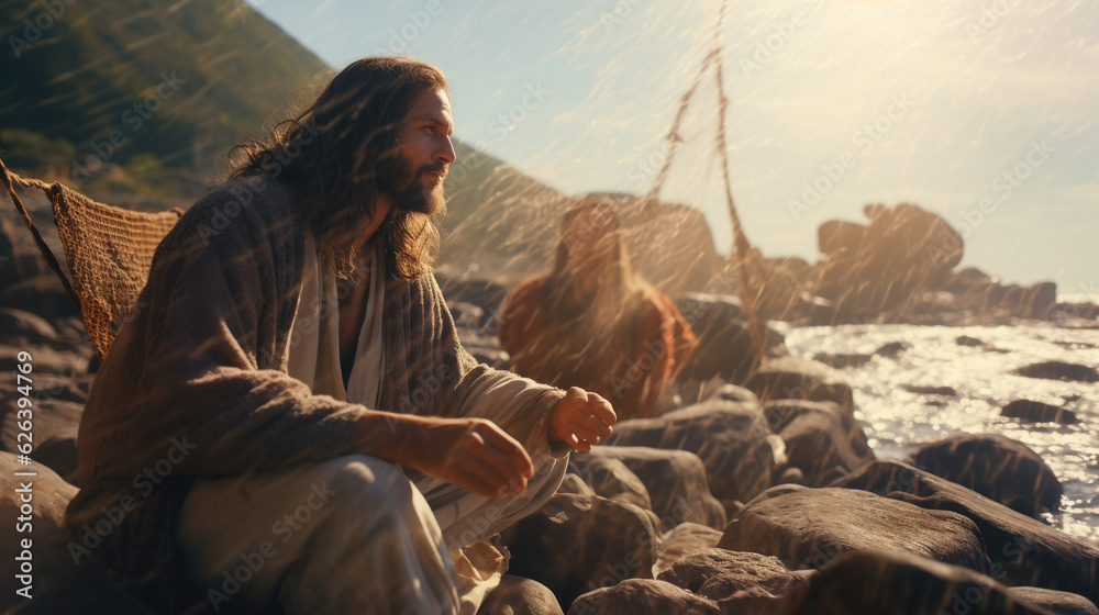 Jesus Christ is fishing with fishermen. Christian religious background ...