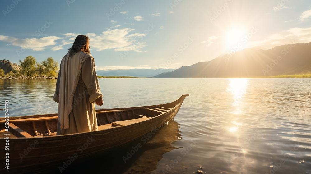 Jesus Christ is preaching in a boat. Christian religious background ...