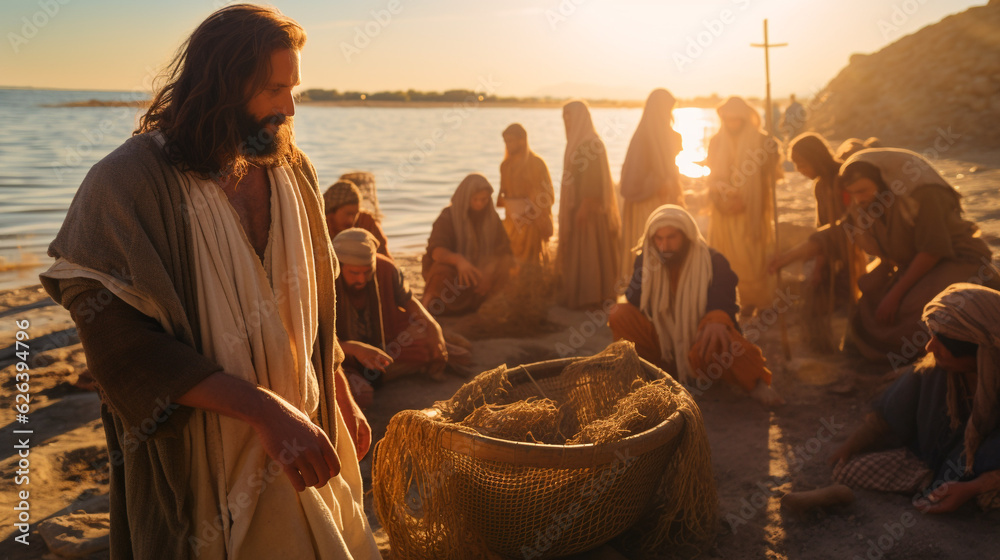 Jesus Christ is fishing with fishermen. Christian religious background ...