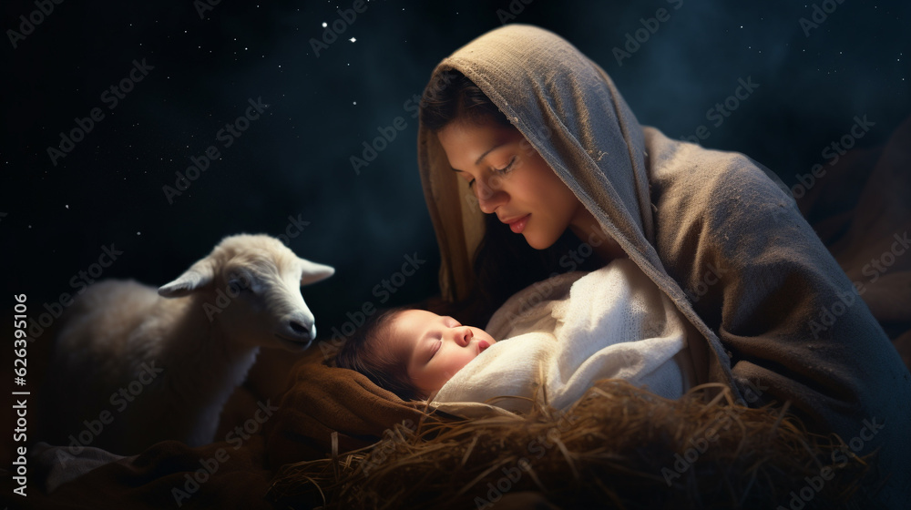 Christmas. The Virgin Mary with the newborn Jesus Christ in a manger in ...