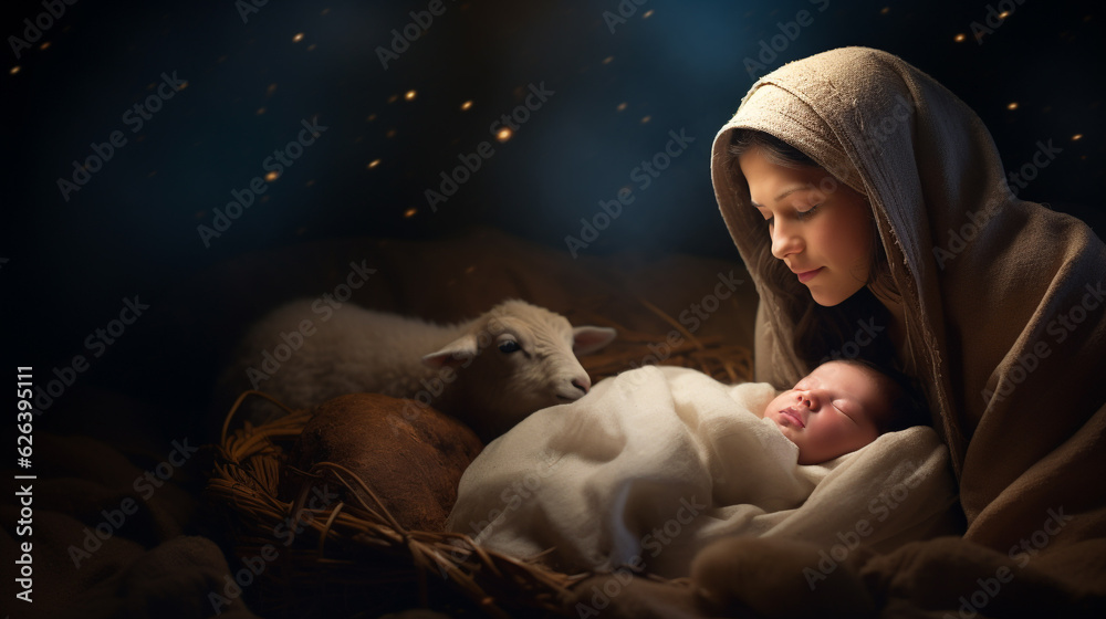 Christmas. The Virgin Mary with the newborn Jesus Christ in a manger in ...