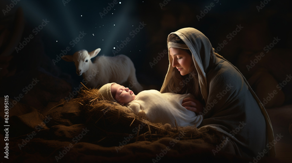Christmas. The Virgin Mary with the newborn Jesus Christ in a manger in ...
