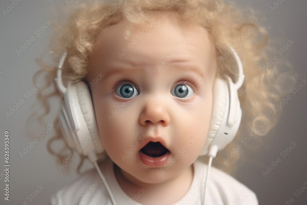 cheerful surprised baby 6 months old wearing headphones to listen to ...