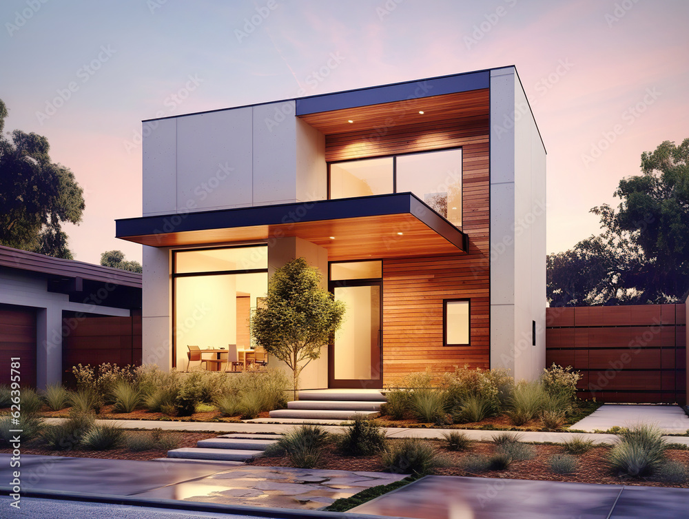 Modern two-story minimalist cubic house with wooden cladding and ...