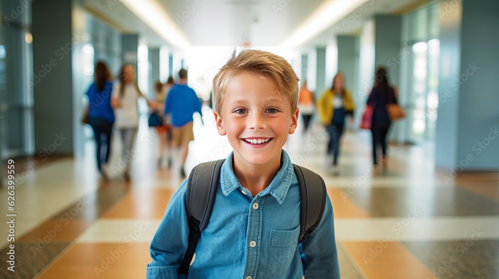 Happy boy walking in a crowded school corridor with a backpack ...