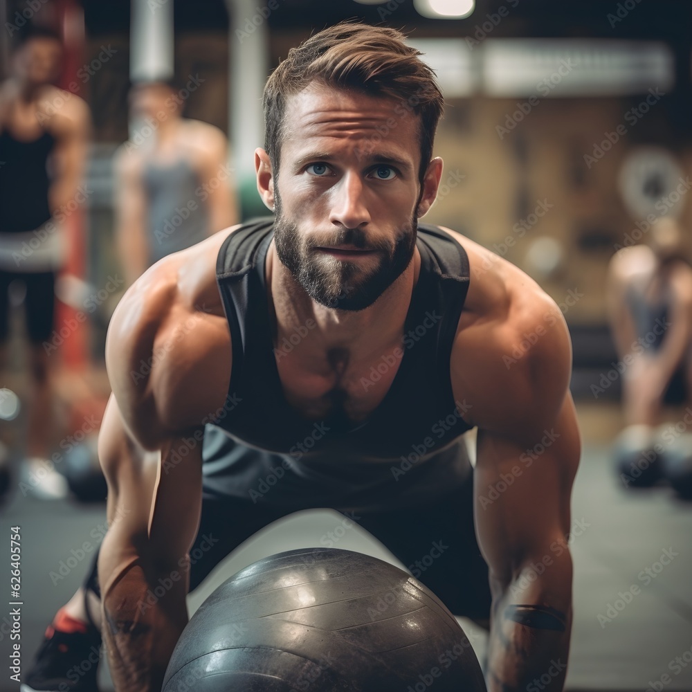 Brutal strong bodybuilder athletic man pumping up muscles workout ...