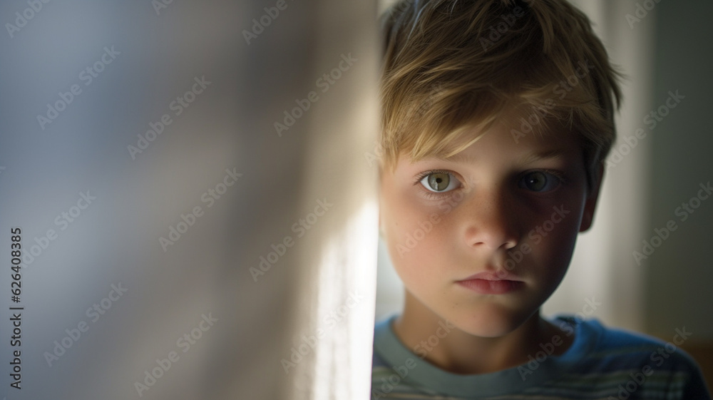 Foto de small child boy hiding around the corner on the wall or ...