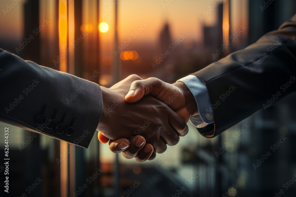 Businessman handshake on workplace background at sunset. Partnership ...
