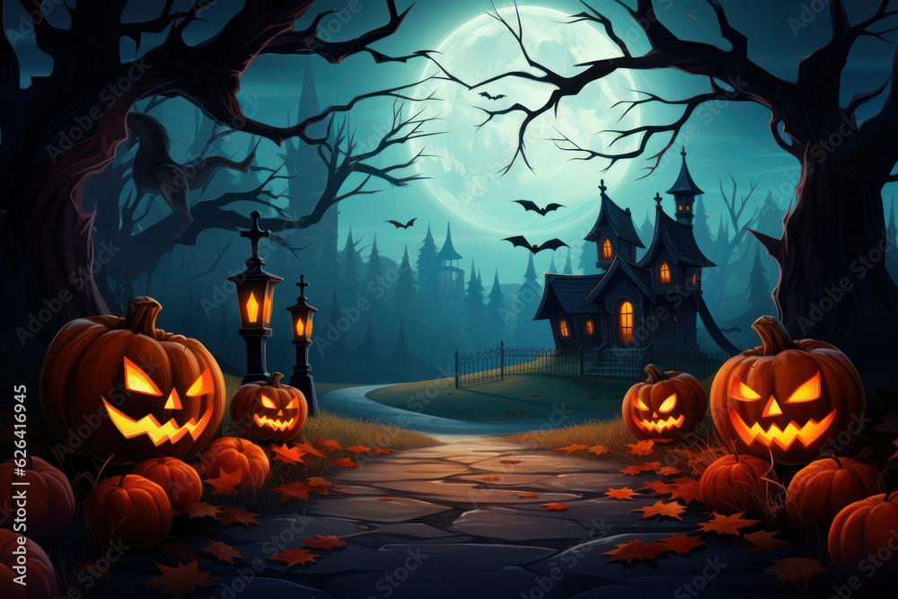 Spooky Halloween Background with Pumpkin, Bats, Graveyard and Full Moon ...
