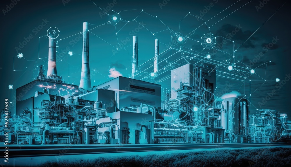 Modern factory, communication network. Telecommunication. IoT, Internet ...