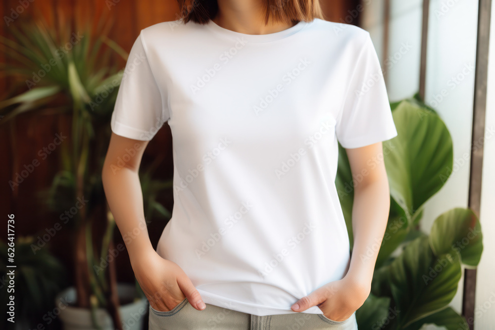 Blank White T-Shirt Mockup on Female Model, Empty Shirt Template for ...