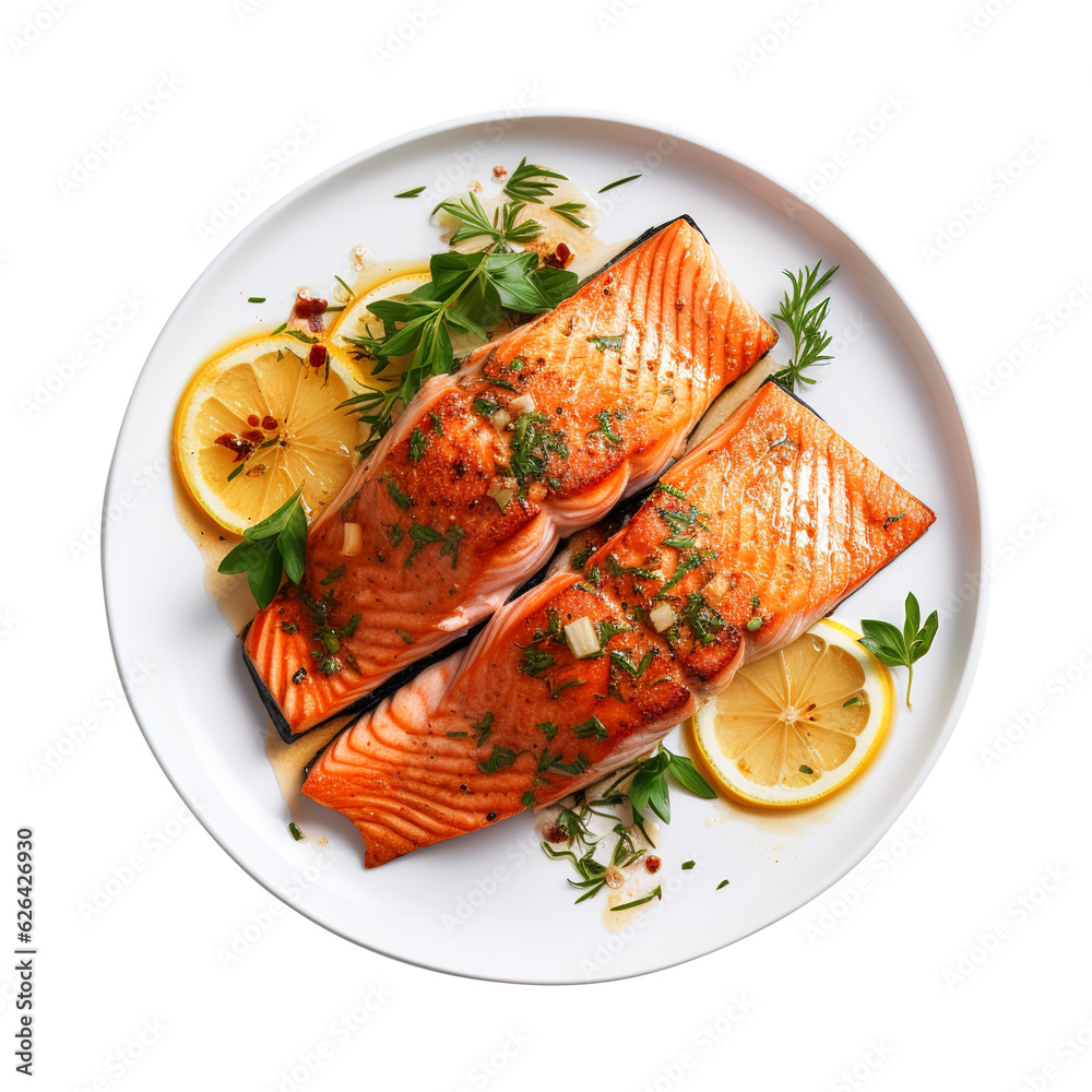 Poster, Foto Grilled salmon steak with vegetables on transparent ...