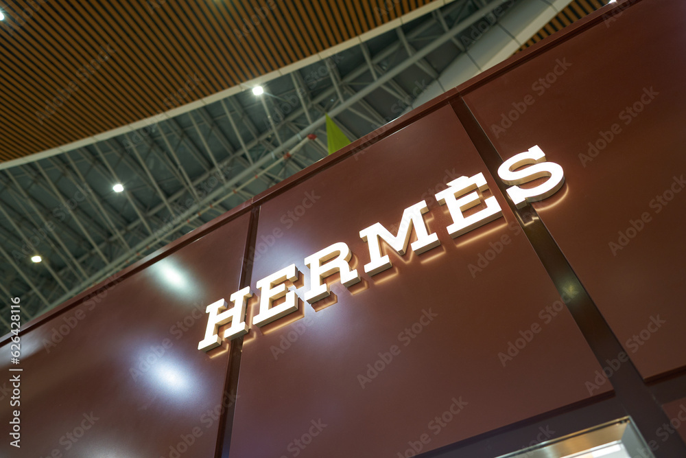 KUALA LUMPUR, MALAYSIA - CIRCA MAY, 2023: close up shot of Hermes sign ...