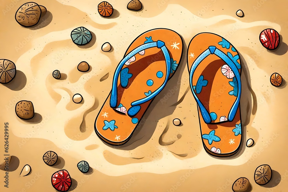 A cartoon illustration of a pair of flip flop sandals on the ocean sand ...