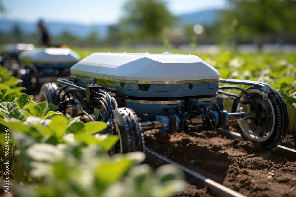 Agriculture robotic and autonomous car working in open farm, modern ...