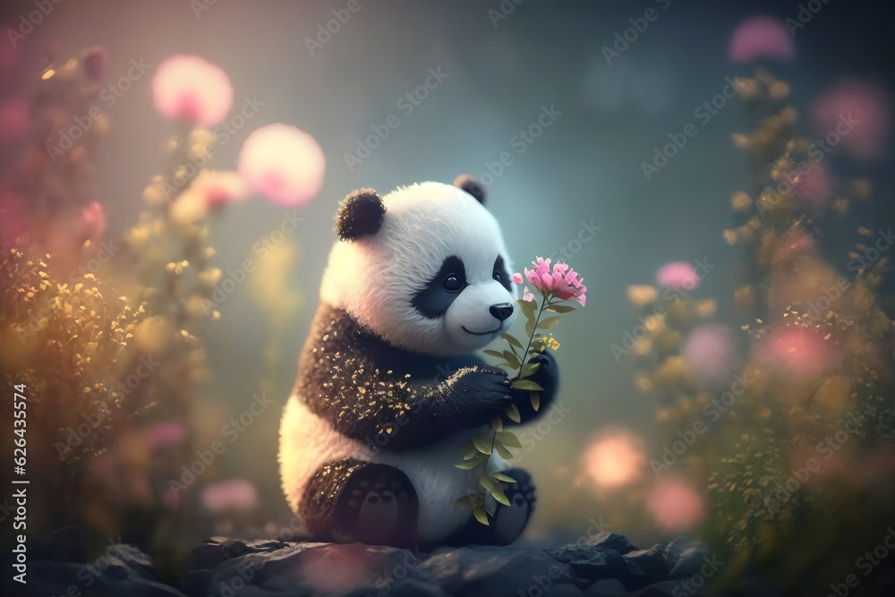 cute baby panda holding flower with bluer background. generative ai ...