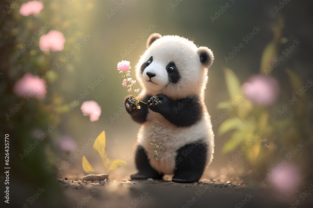 cute baby panda holding flower with bluer background. generative ai ...