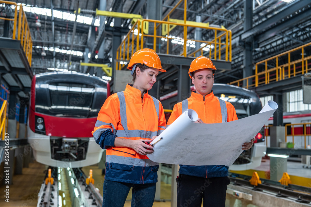 Female employees and male engineers wearing uniforms taking maintenance ...