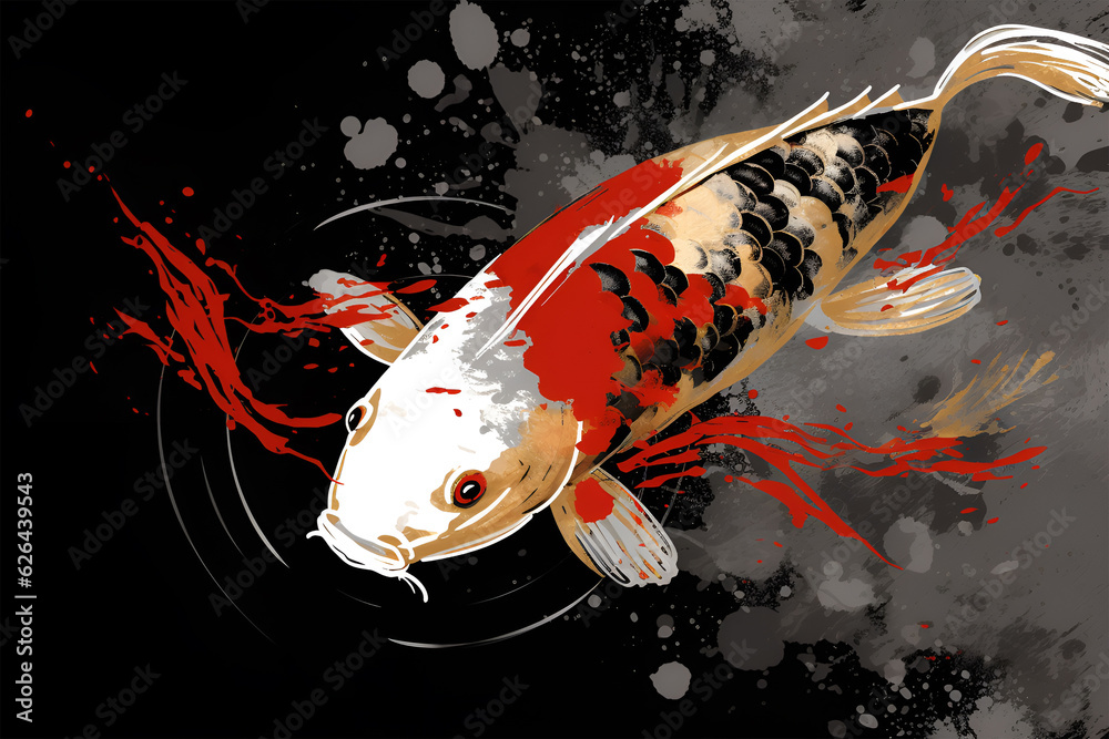 koi fish illustration in Chinese brush stroke calligraphy in black and ...