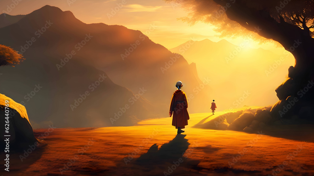 Buddhist monk observing another monk departing during sunset art ...