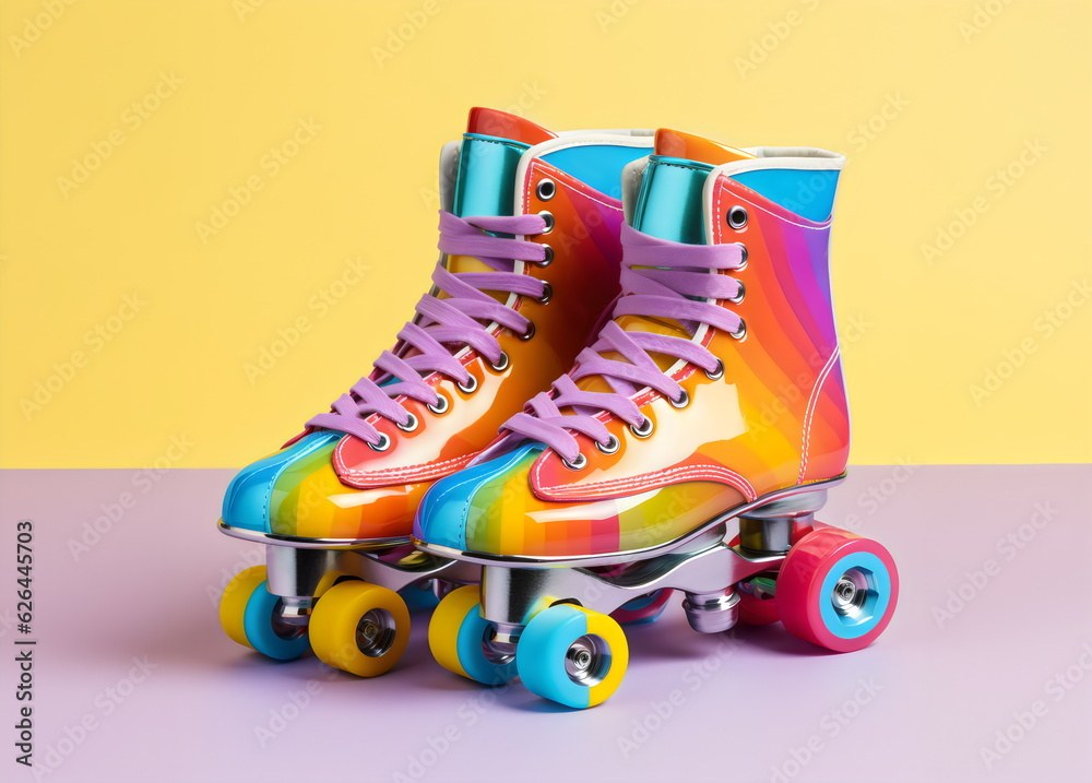 rainbow roller skates isolated on plain yellow and purple studio ...