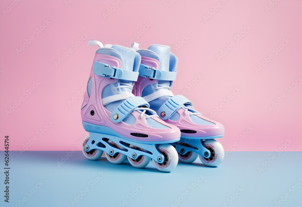 pastel rollerblades isolated on plain pink and blue studio background ...