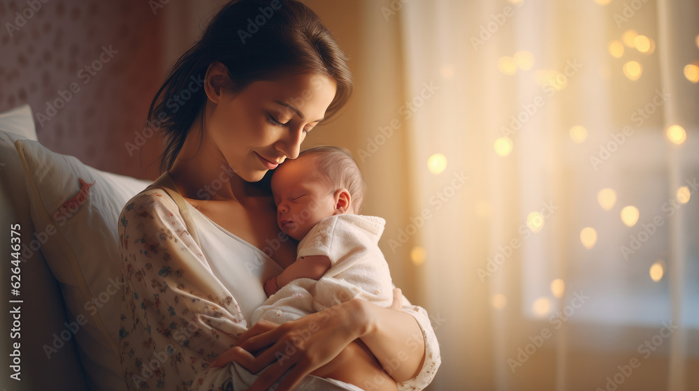 Loving mom carying of her newborn baby at home. Bright portrait of ...