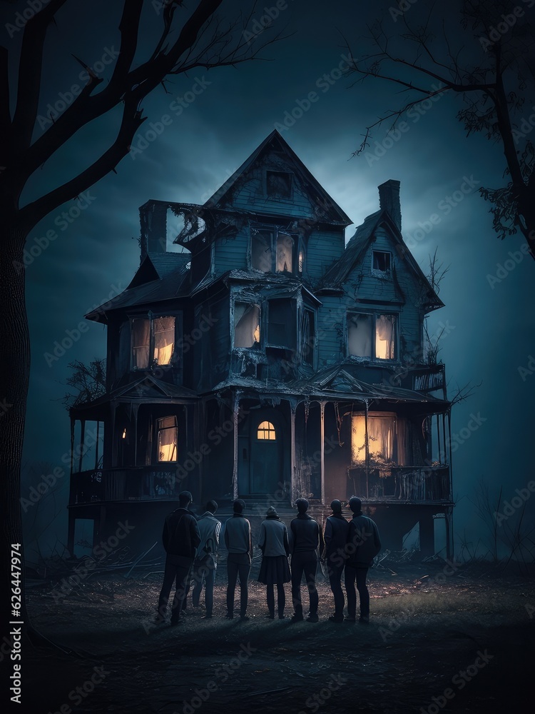 Illustration of a group of people standing in front of a mysterious and ...