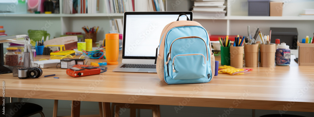 Blue school backpack on the desk in the classroom. Back to school ...