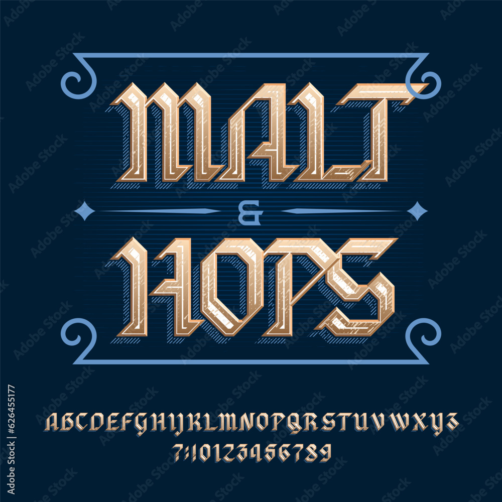 Malt and Hops alphabet font. Medieval letters and numbers for label ...