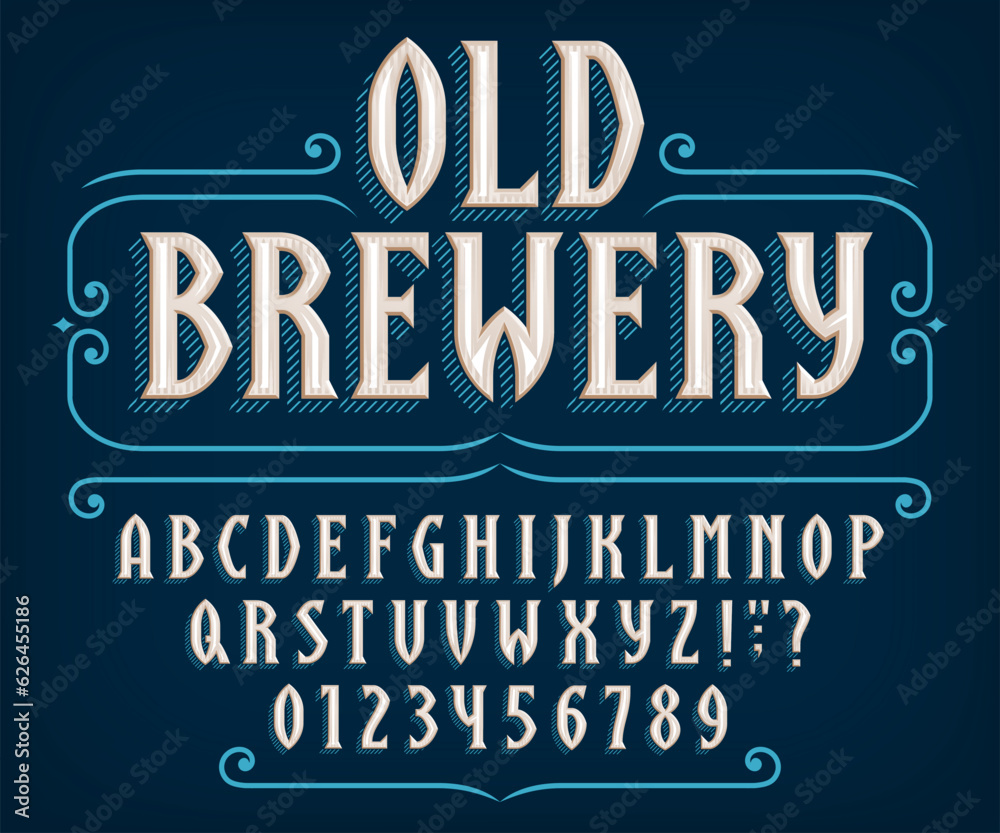 Old Brew alphabet font. Ancient letters and numbers for label, badge or ...