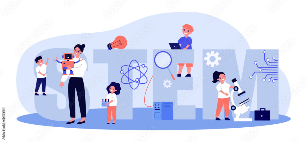 Children studying science and engineering vector illustration. Cartoon ...