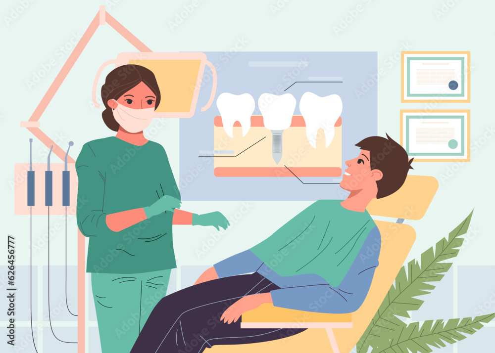 Dentist in face mask and patient in chair vector illustration. Cartoon ...