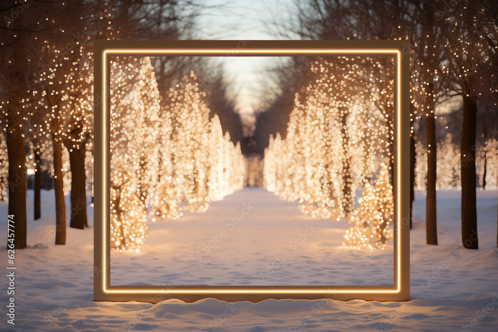 Winter holiday scene featuring a blank frame amidst ice-skated and ...