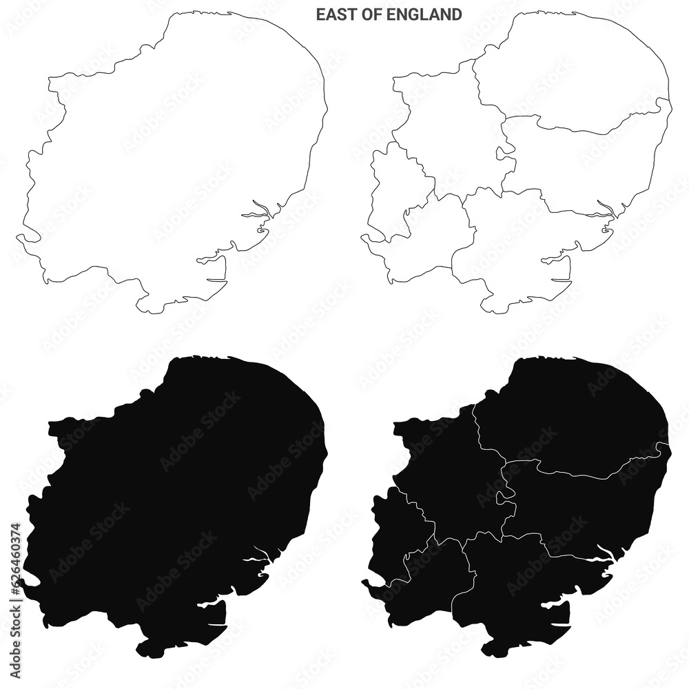 East Anglia map, East of England Administrative Map Set - blank outline ...