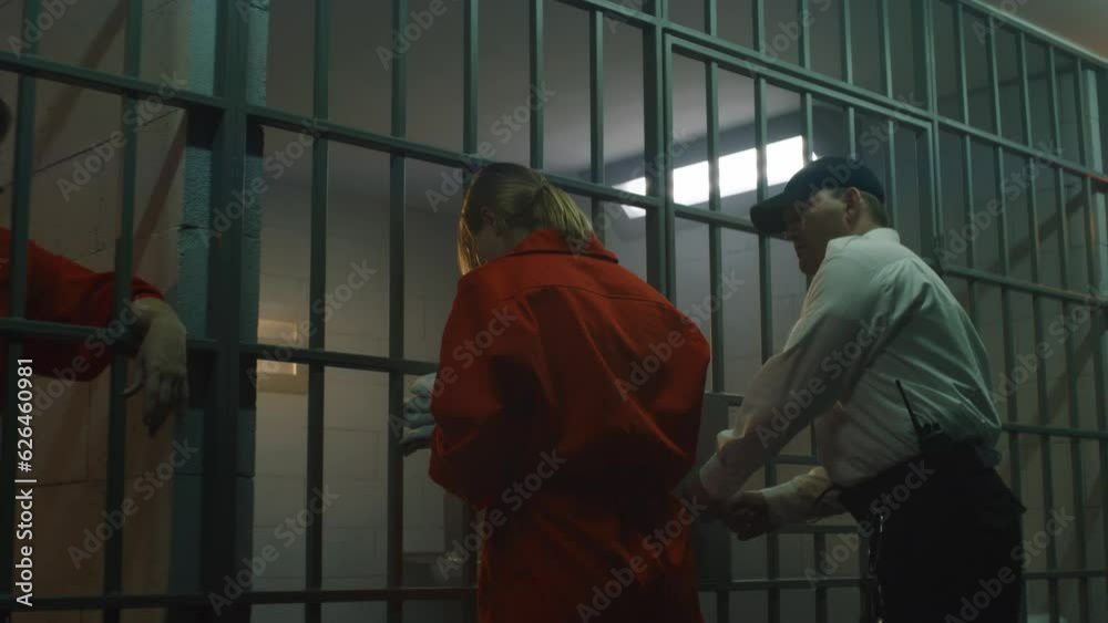 Prison employee leads female prisoner in orange uniform to prison cell ...