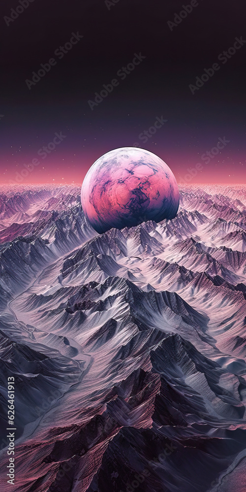 Unreal blue and purple terrain with planet landscape background,an ...