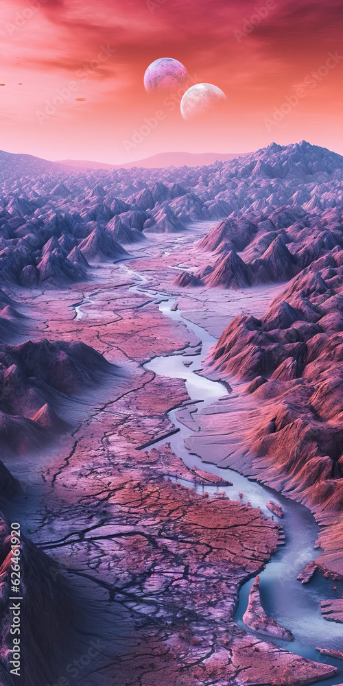 Unreal blue and purple terrain with planet landscape background,an ...