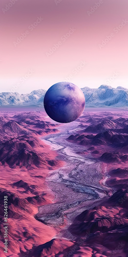Unreal blue and purple terrain with planet landscape background,an ...